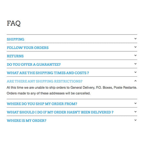 FAQ page accordion layout – Insight Shop